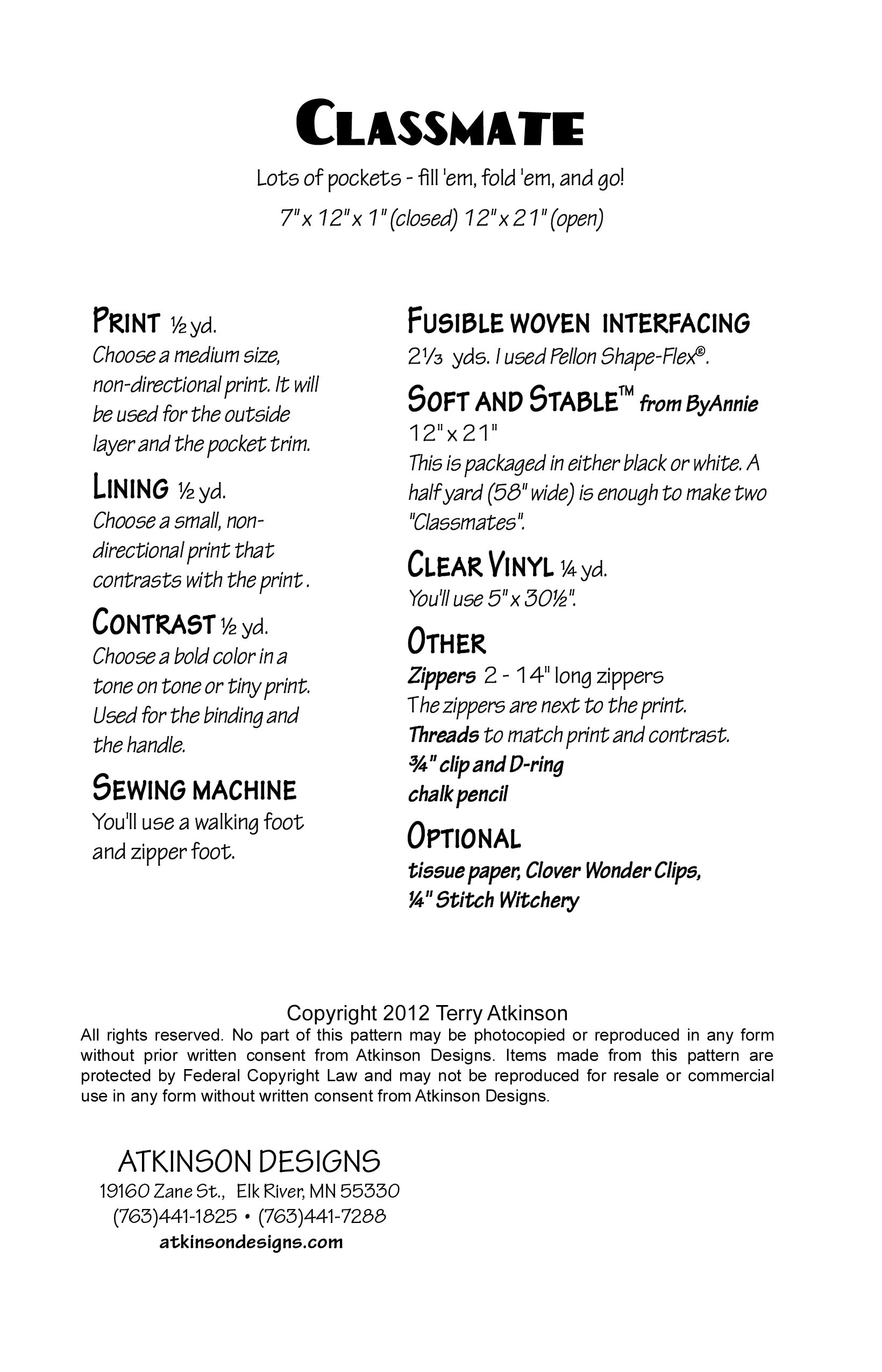 Classmate Pattern – Atkinson Designs