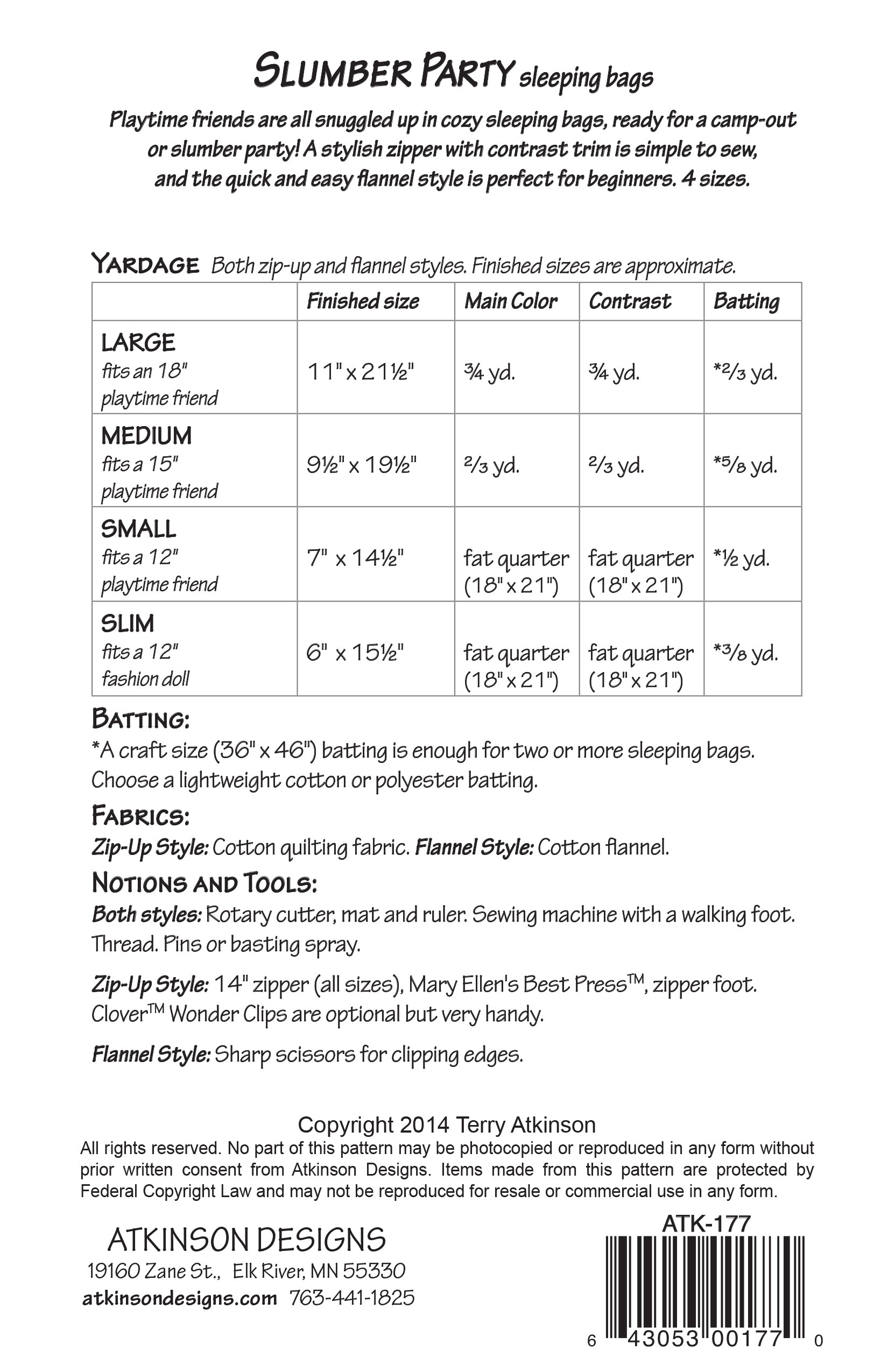 Slumber Party Sleeping Bags Pattern – Atkinson Designs