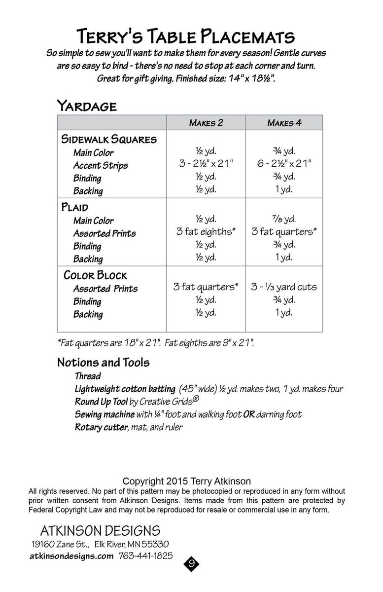Terry's Table Placemats Pattern – Atkinson Designs