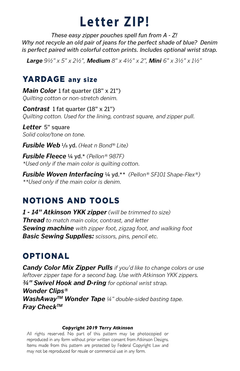Letter ZIP! PDF Pattern – Atkinson Designs